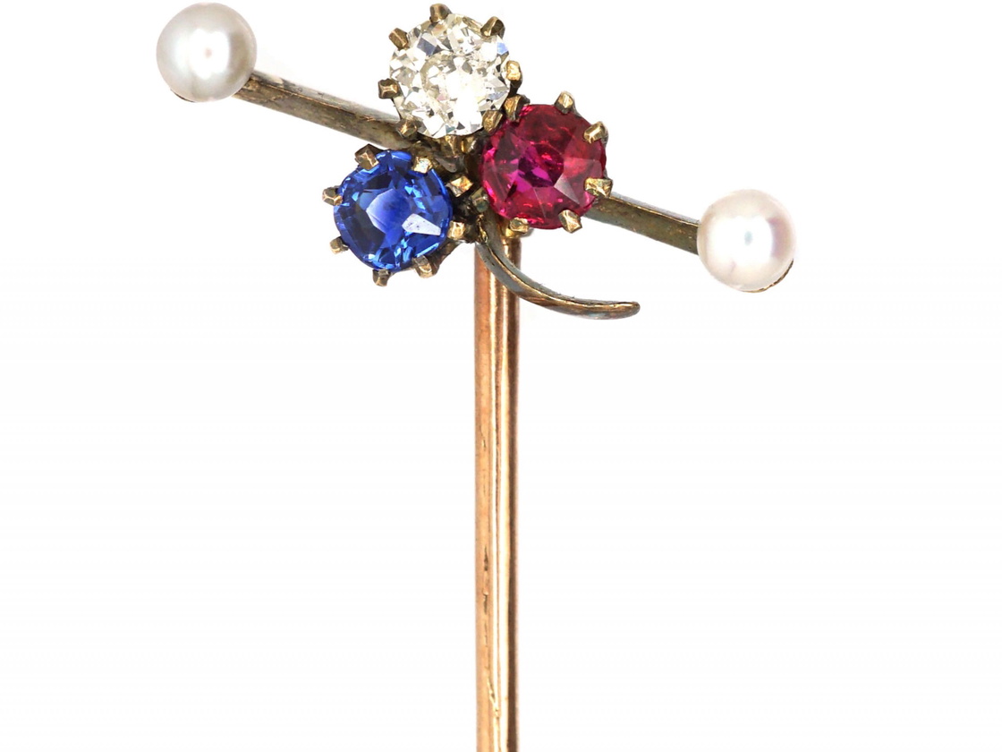 Edwardian Three Leaf Clover Sapphire, Diamond & Ruby Tie Pin with a ...