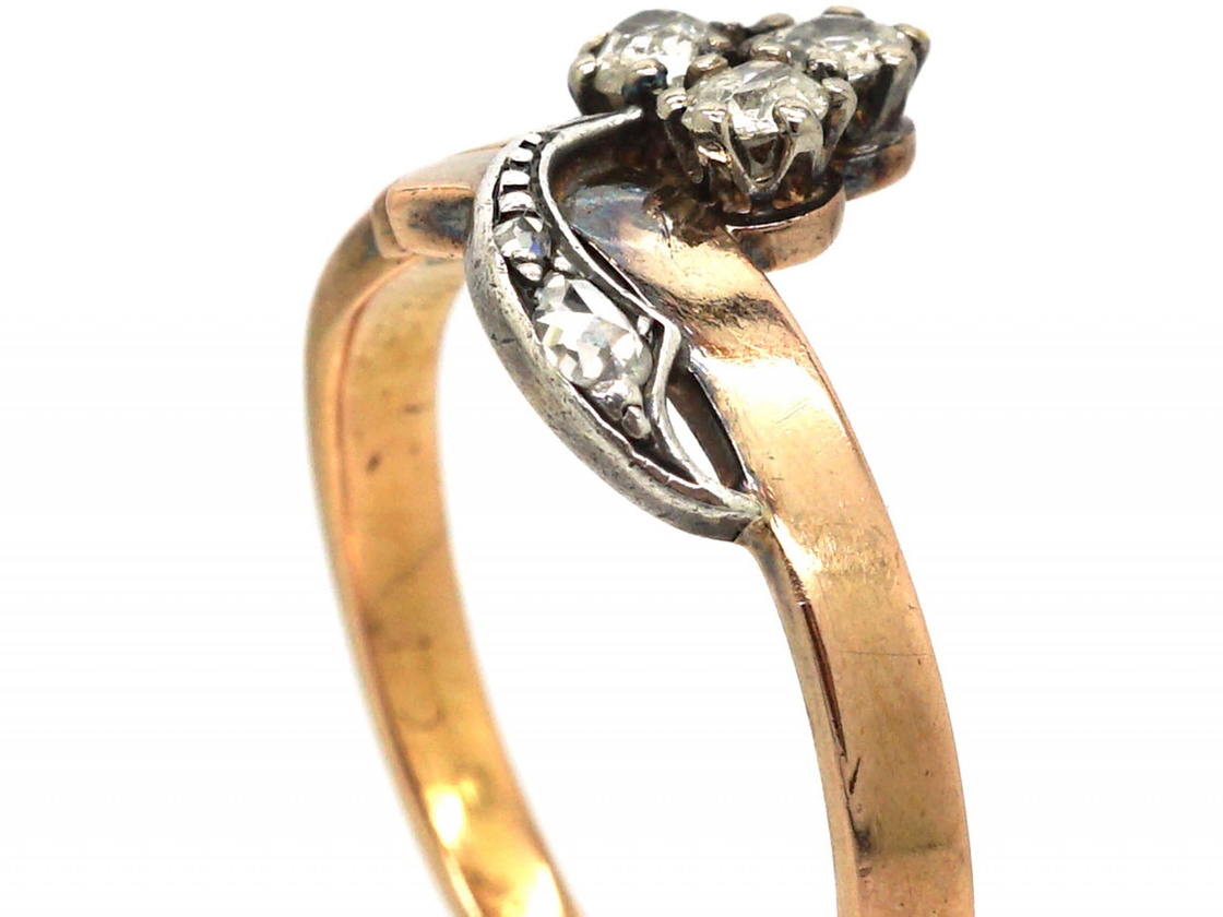 French Art Nouveau 18ct Gold & Diamond Three Leaf Clover Ring (89T ...