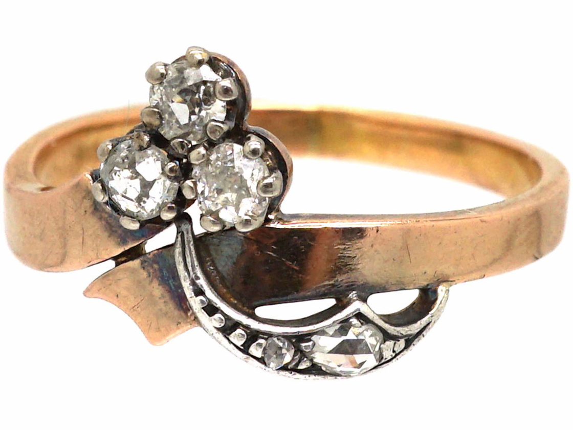 French Art Nouveau 18ct Gold & Diamond Three Leaf Clover Ring (89T ...